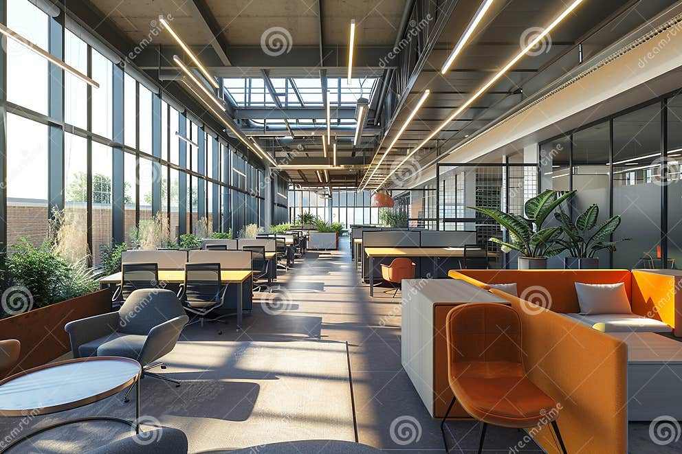 A Collaborative Open Office with High Ceilings and Flexible Seating ...