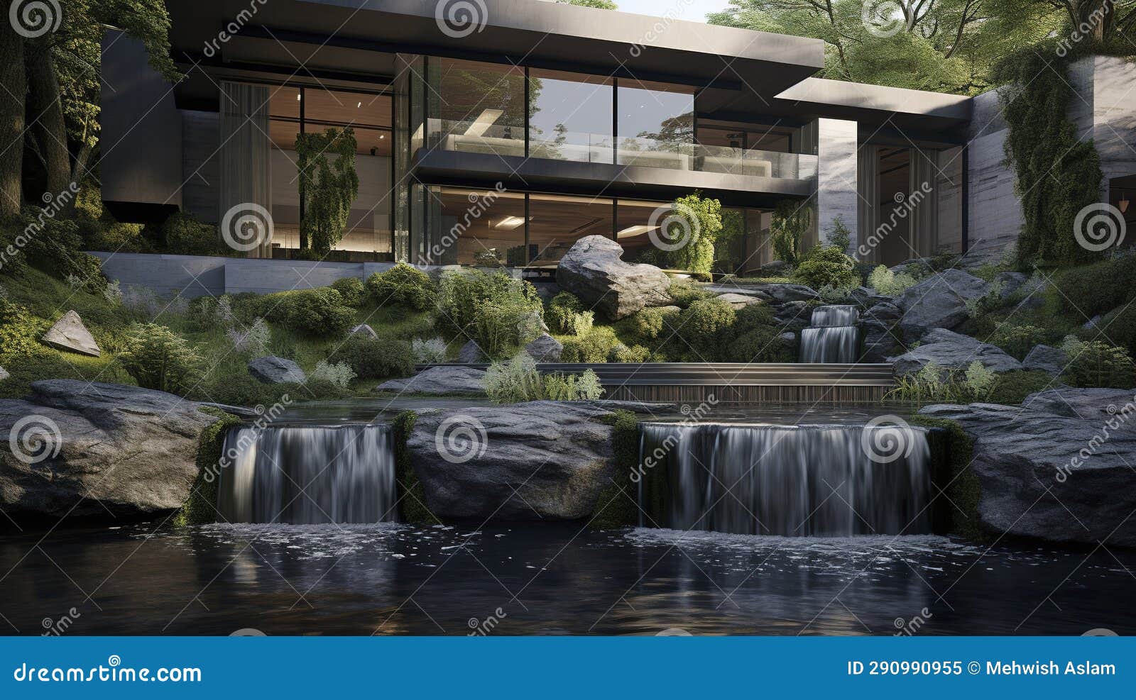 A Contemporary House with a Waterfall Feature in the Garden Stock ...