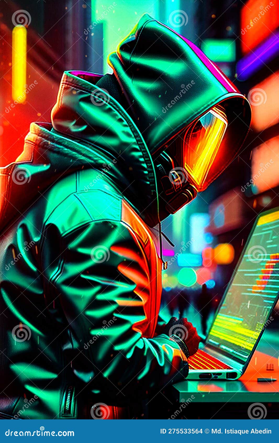 Cyberpunk Cool Hacker Working Laptop Anonymous Hacker Coding With Computer Stock Illustration