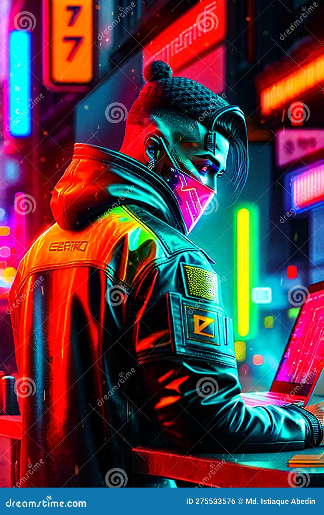 Cyberpunk Cool Hacker Working Laptop Anonymous Hacker Coding With Computer Stock Illustration