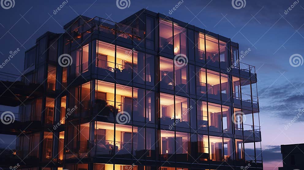 A Dusk Shot of a Lit - Up Quadplex Building Stock Illustration ...