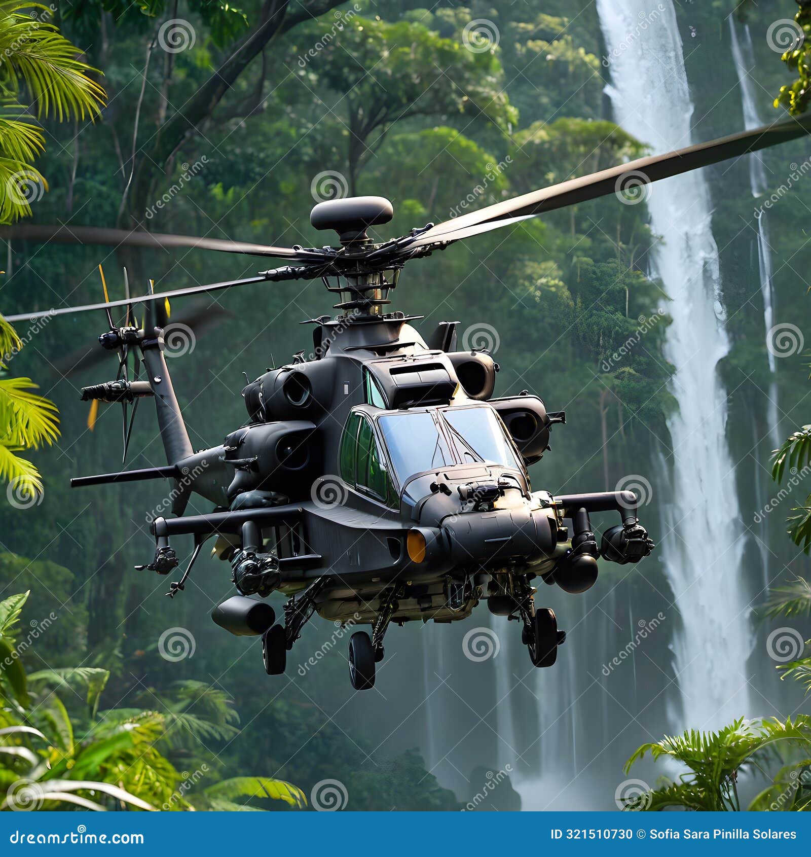 Apache Helicopter Flying between the Green Trees in the Jungle Stock ...