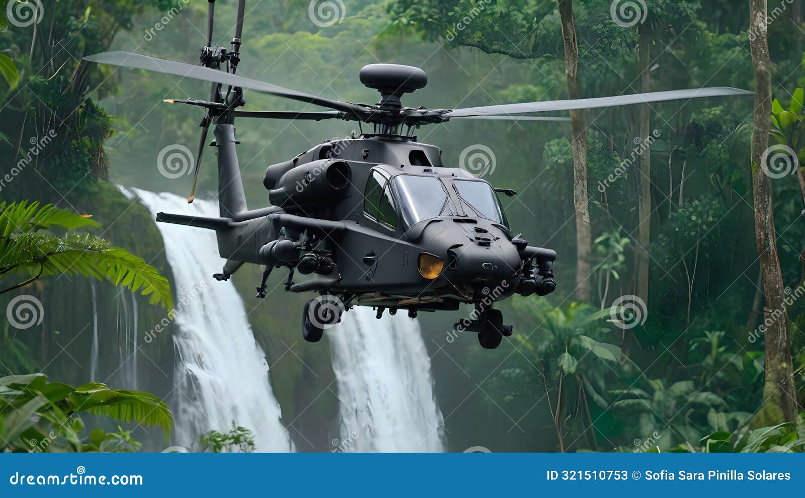 Apache Helicopter Flying between the Green Trees in the Jungle Stock ...