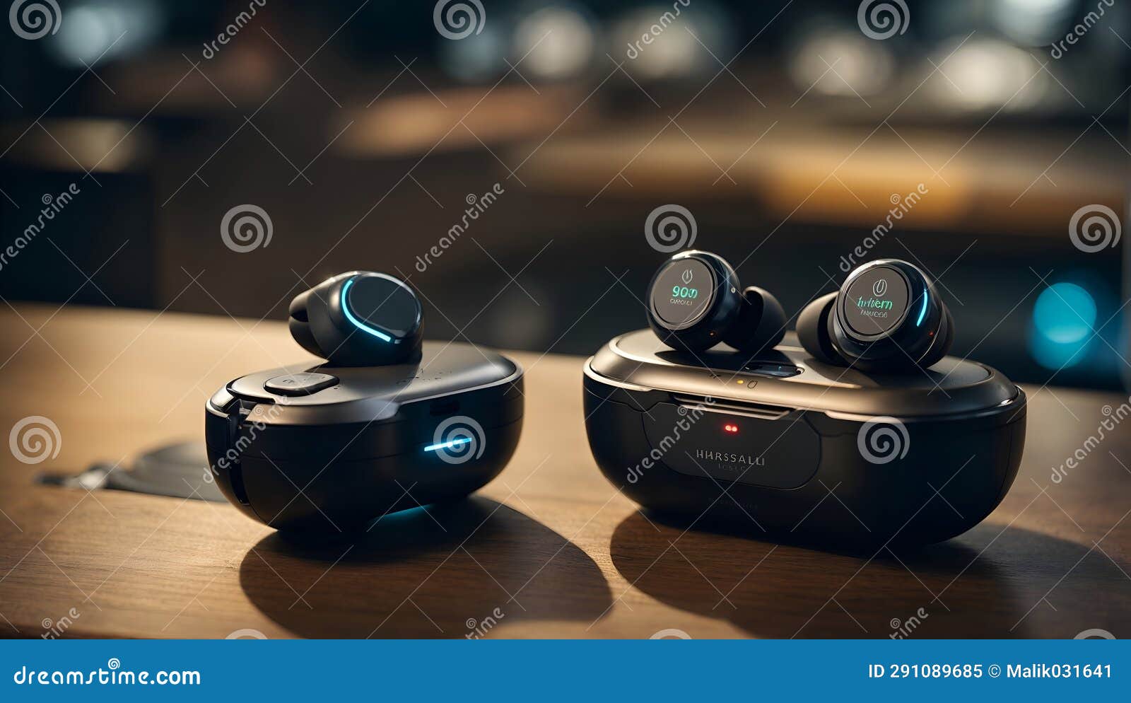 A Futuristic Pair of Wireless Earbuds in Their Charging Case Stock ...
