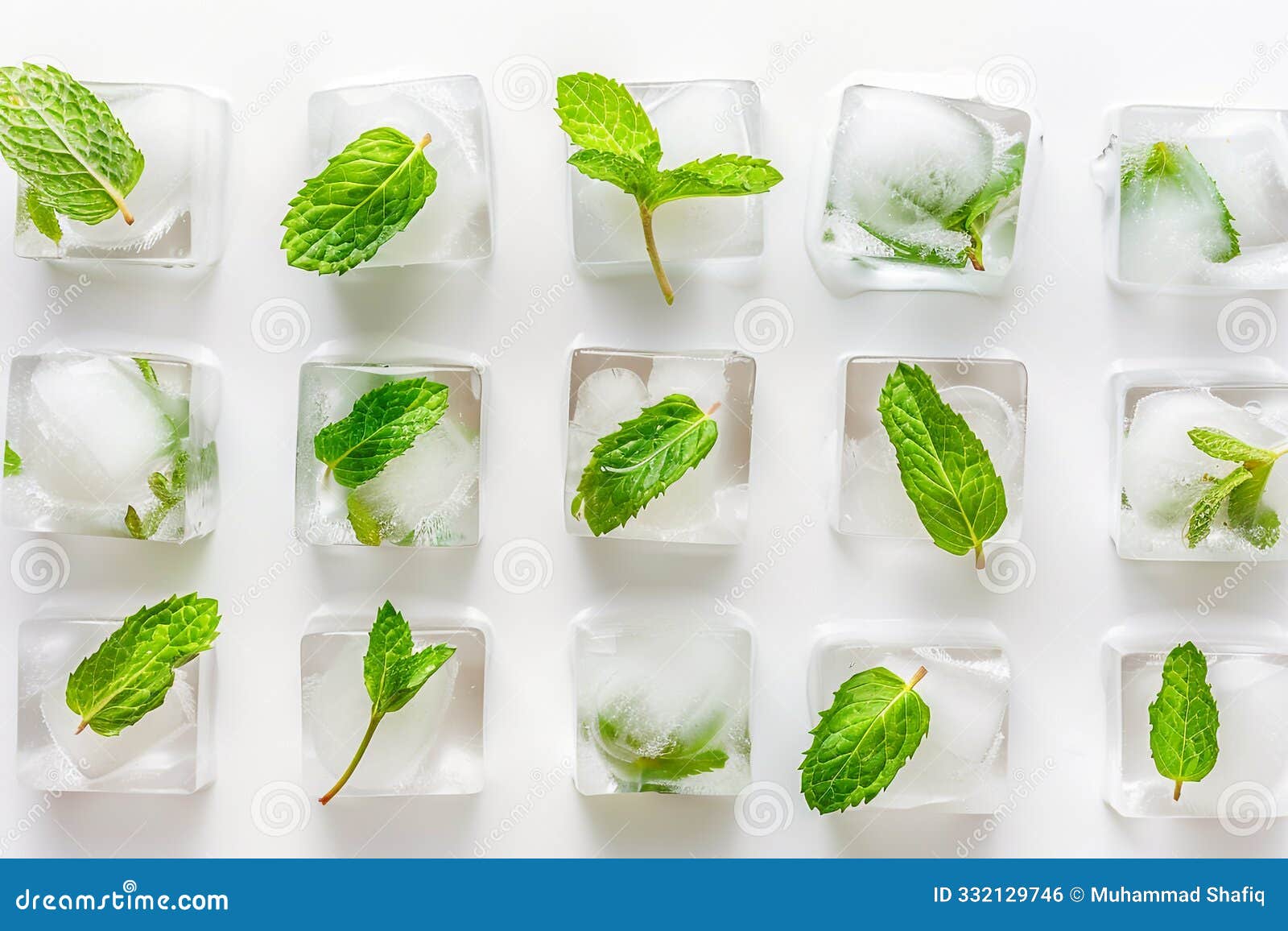 Ice Cubes with Mint Leaves Arranged in a Grid Pattern, Isolated on a ...