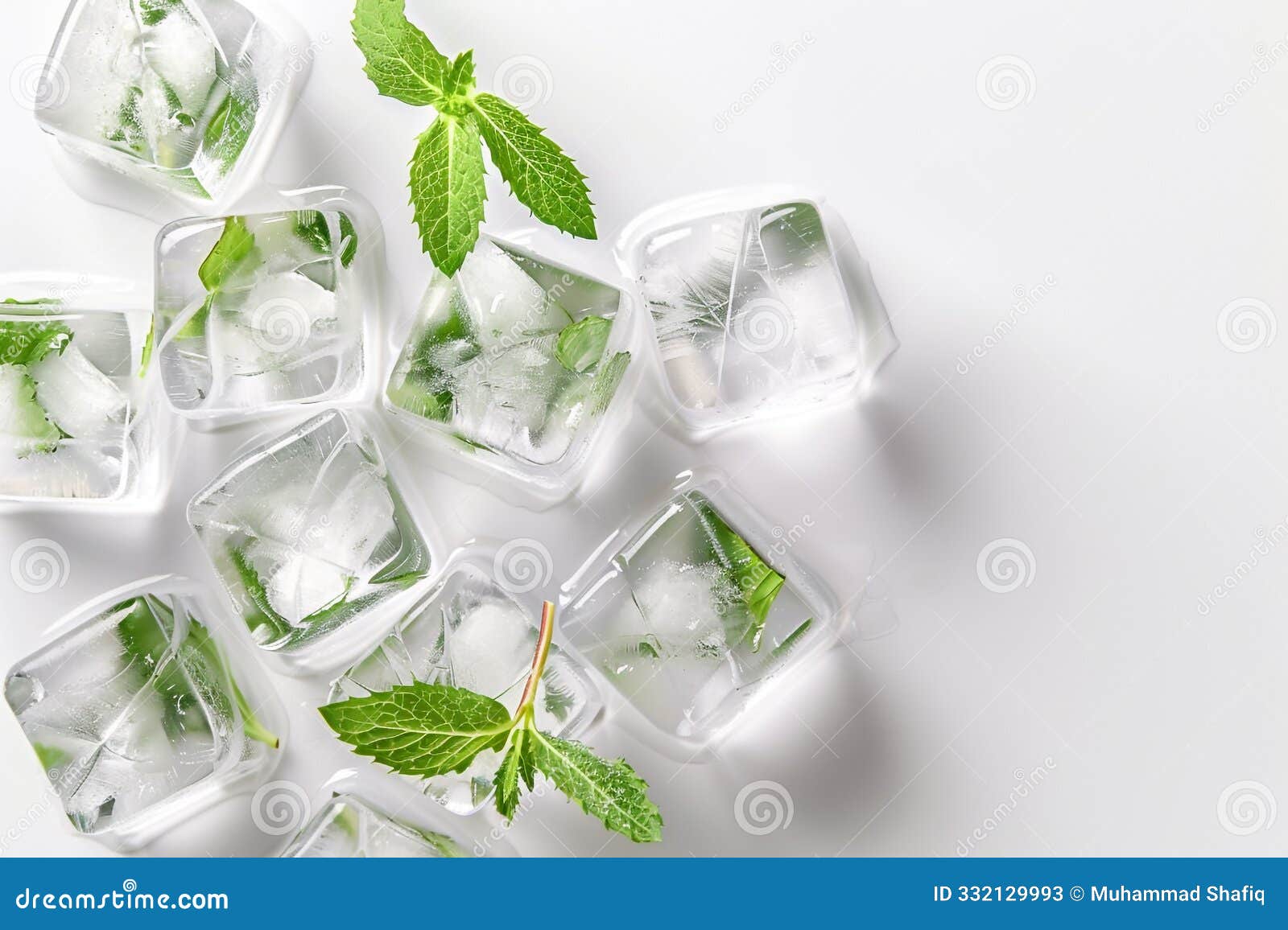 Ice Cubes with Mint Leaves Forming a Triangle Pattern, Isolated on a ...