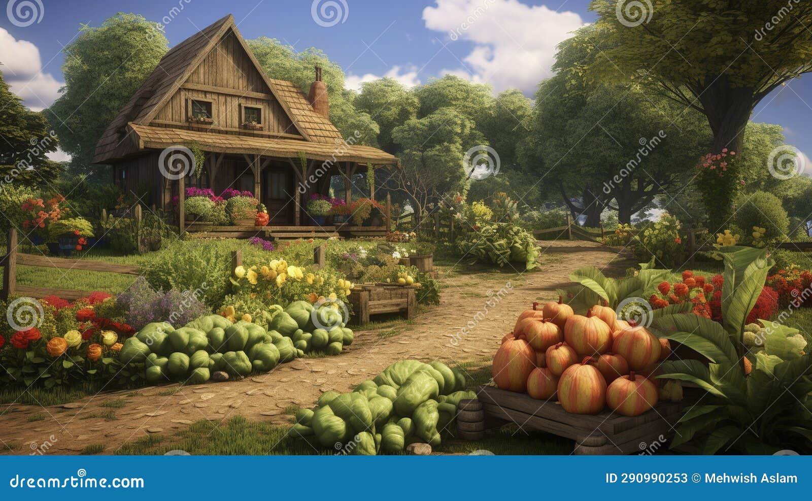 A Log Cabin with a Vegetable Garden and Fruit Trees Stock Illustration ...