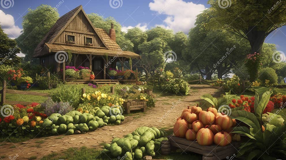 A Log Cabin with a Vegetable Garden and Fruit Trees Stock Illustration ...