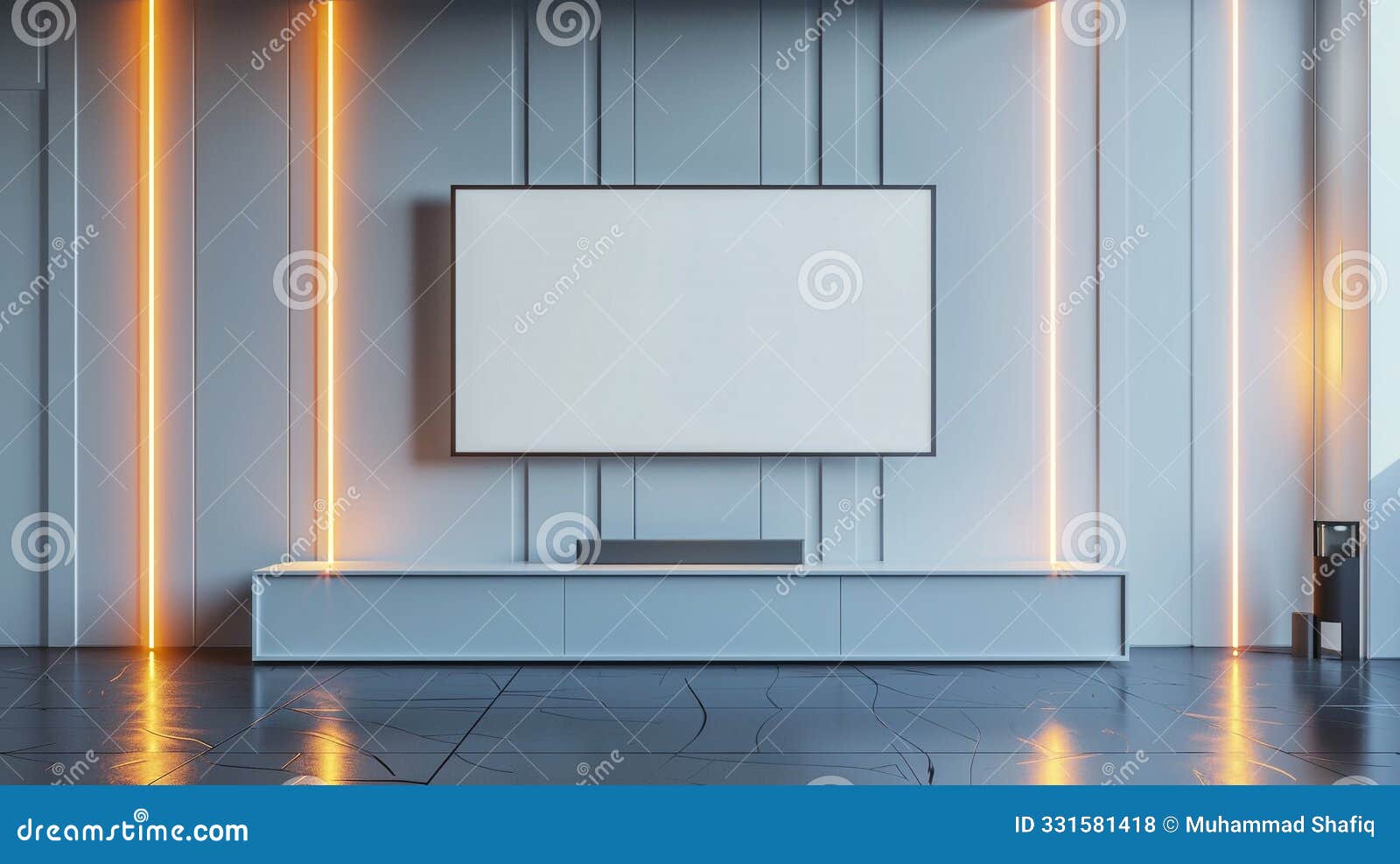 A Minimalist Media Wall with a Blank Screen LCD, Set Against a White ...