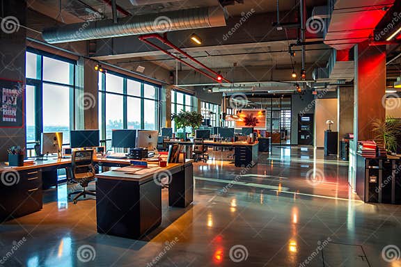 A Modern Open Floor Plan Office with Spacious Desks and Collaborative Workspaces Stock ...