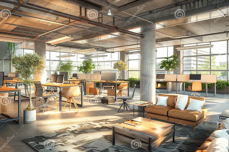 A Modern Open Office with Communal Work Tables and Comfortable Seating ...