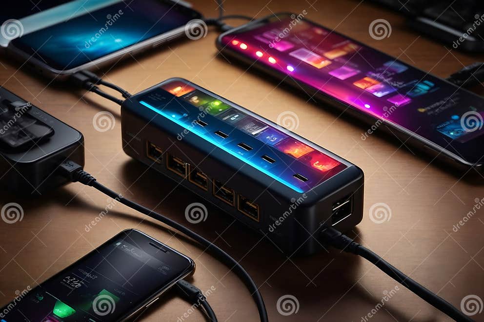 A Multi-port USB Hub with Various Devices Connected Stock Illustration ...