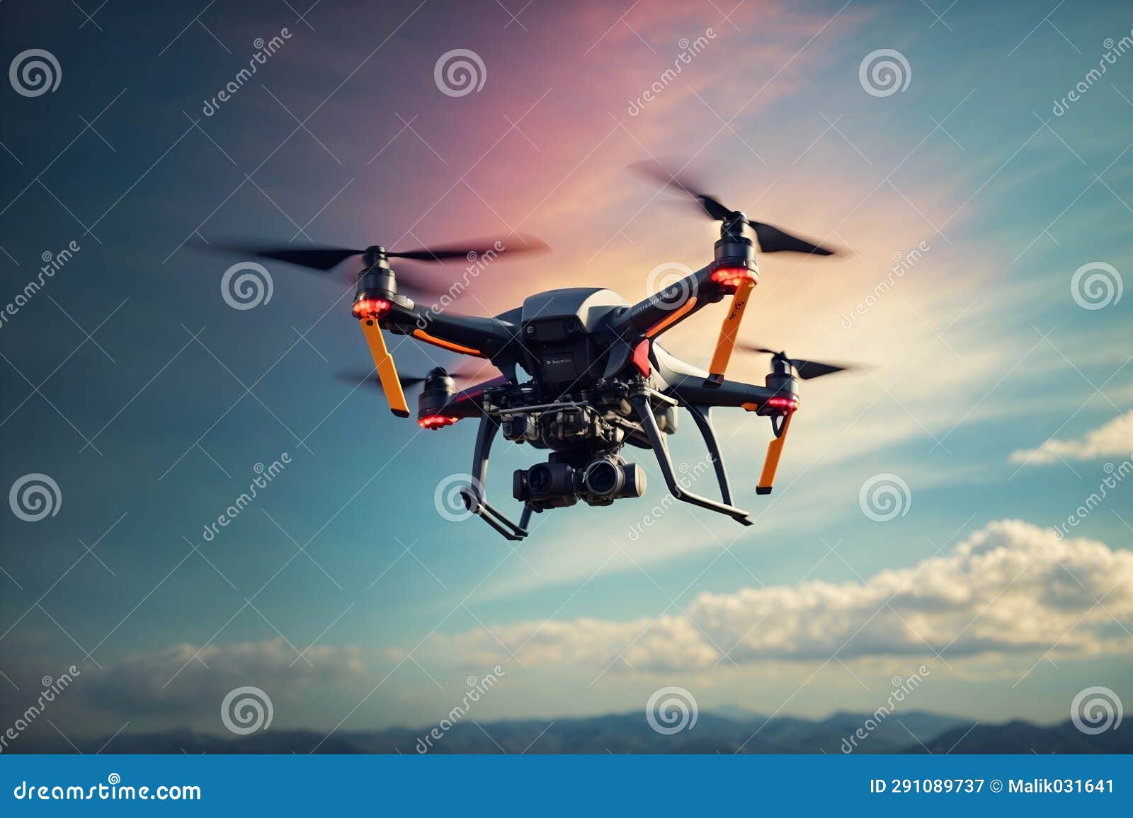 A Powerful Drone Hovering in Mid-air, Ready To Take Off Stock ...