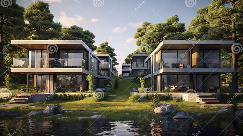 A Quadplex Located Near a Park or Nature Reserve Stock Illustration ...