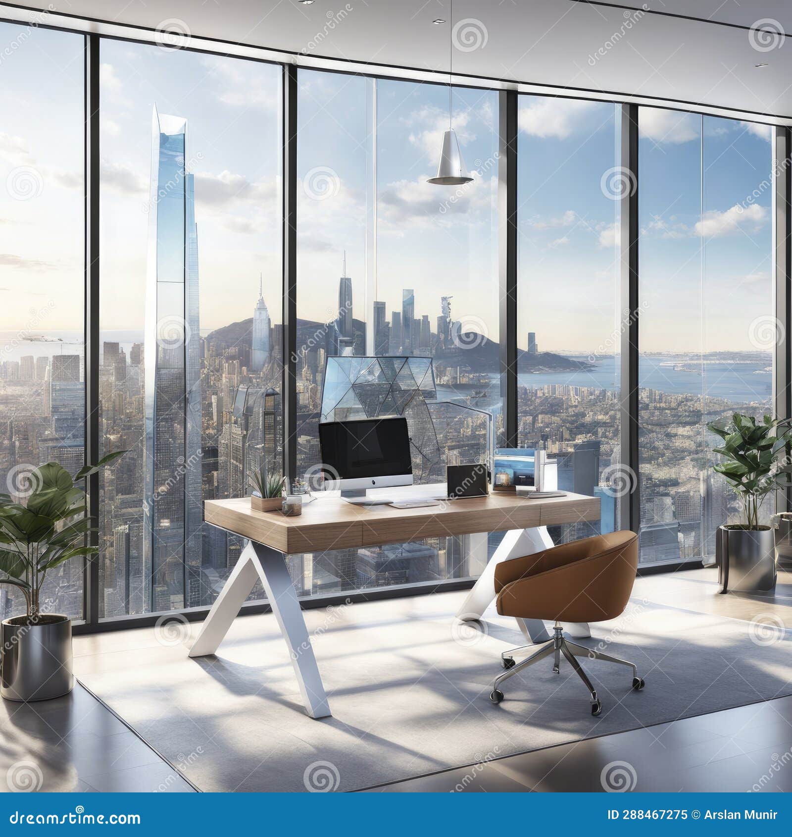 A Sleek, Modern Office with a Glass Wall Overlooking a Bustling ...