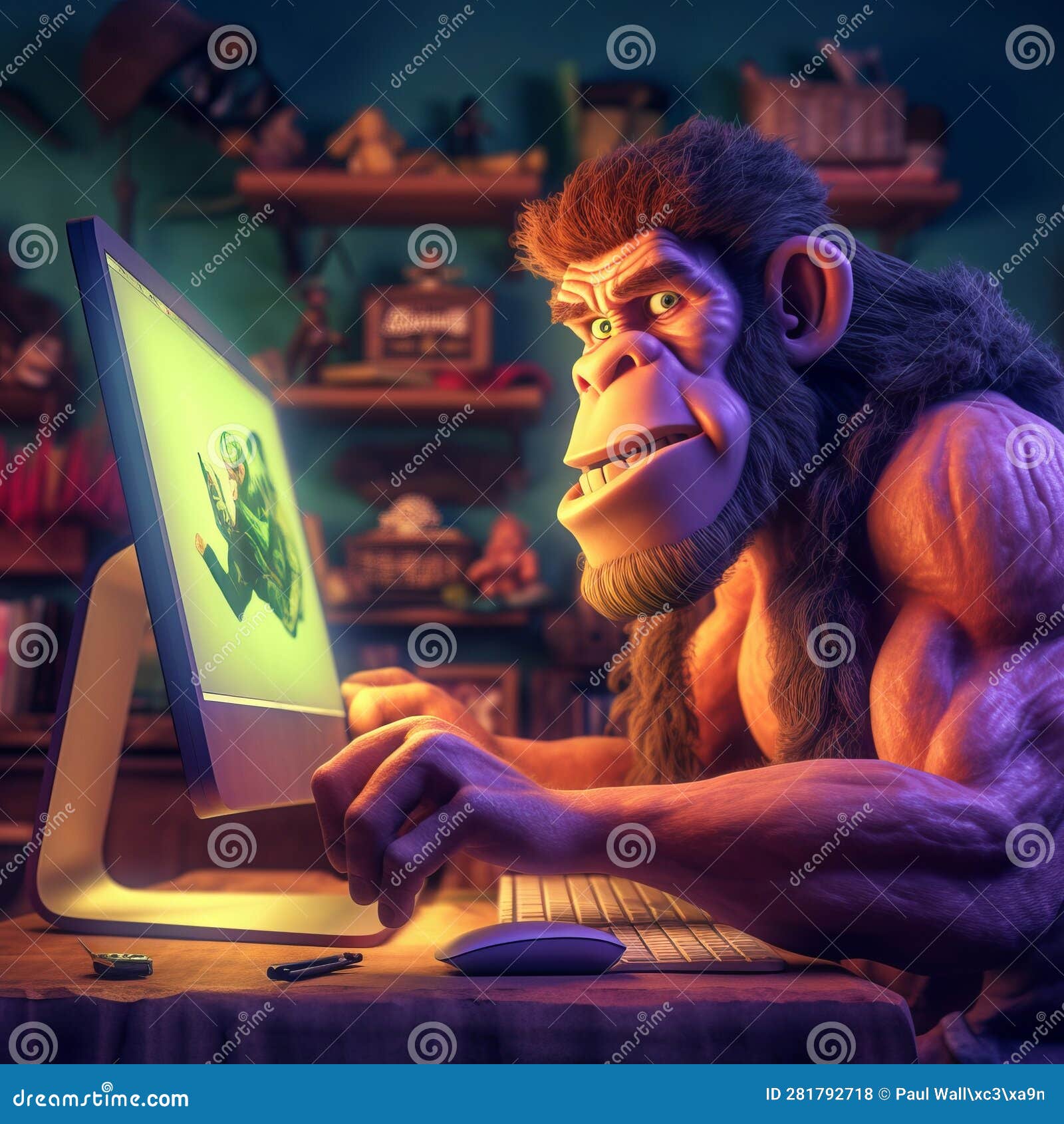 Neanderthal Sitting in Front of Computer. Stock Illustration ...
