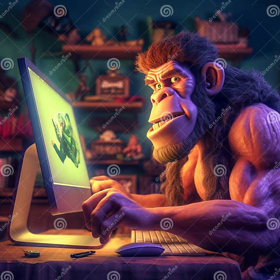 Neanderthal Sitting in Front of Computer. Stock Illustration ...