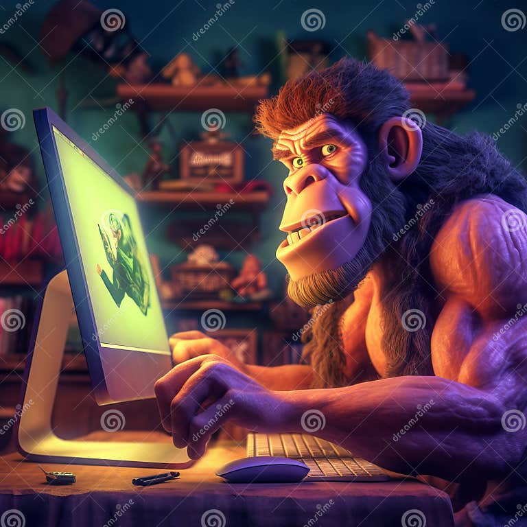 Neanderthal Sitting in Front of Computer. Stock Illustration ...
