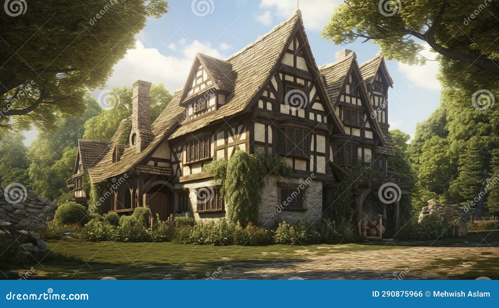 A Tudor House with Timber Framing and a Thatched Roof Stock ...