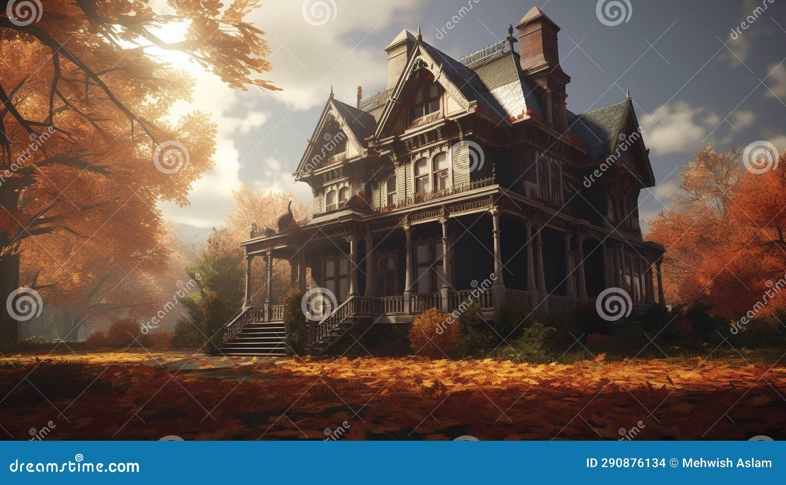 A Victorian House in Autumn with Leaves Falling Around it Stock ...
