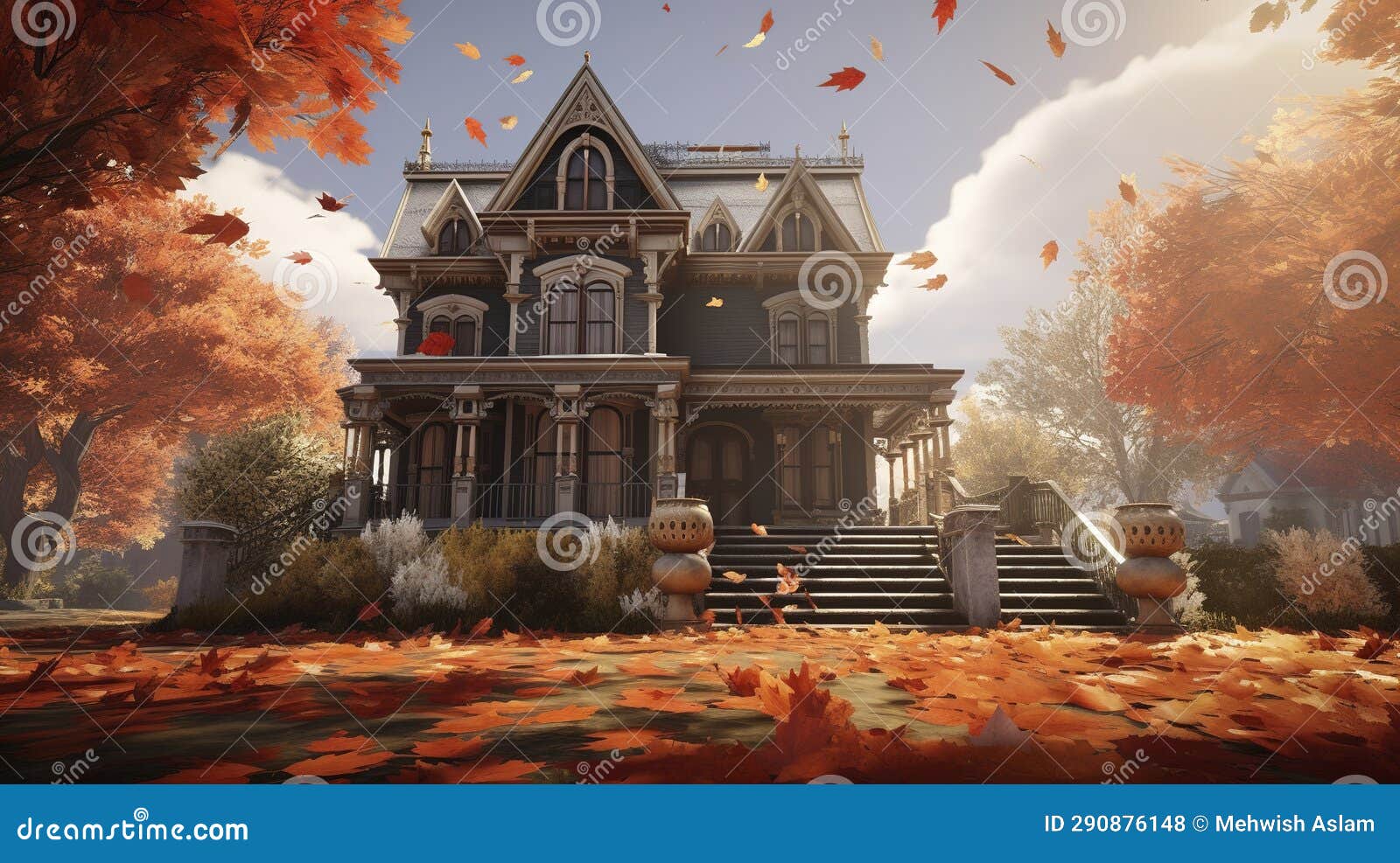 A Victorian House in Autumn with Leaves Falling Around it Stock ...