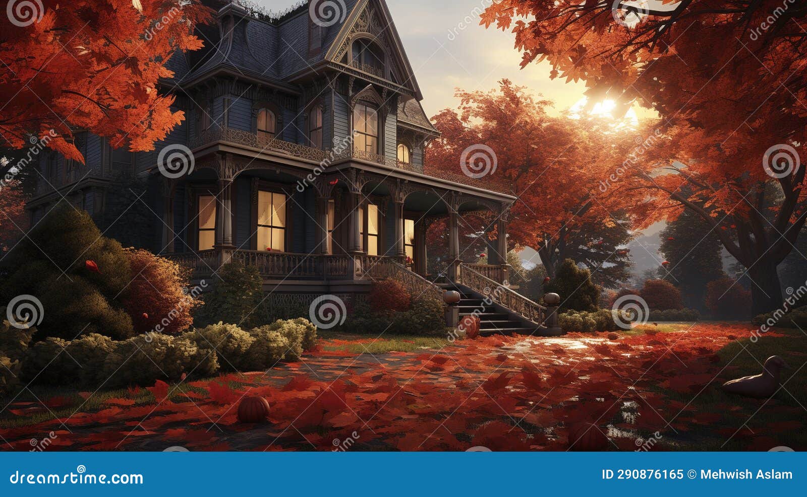 A Victorian House in Autumn with Leaves Falling Around it Stock ...