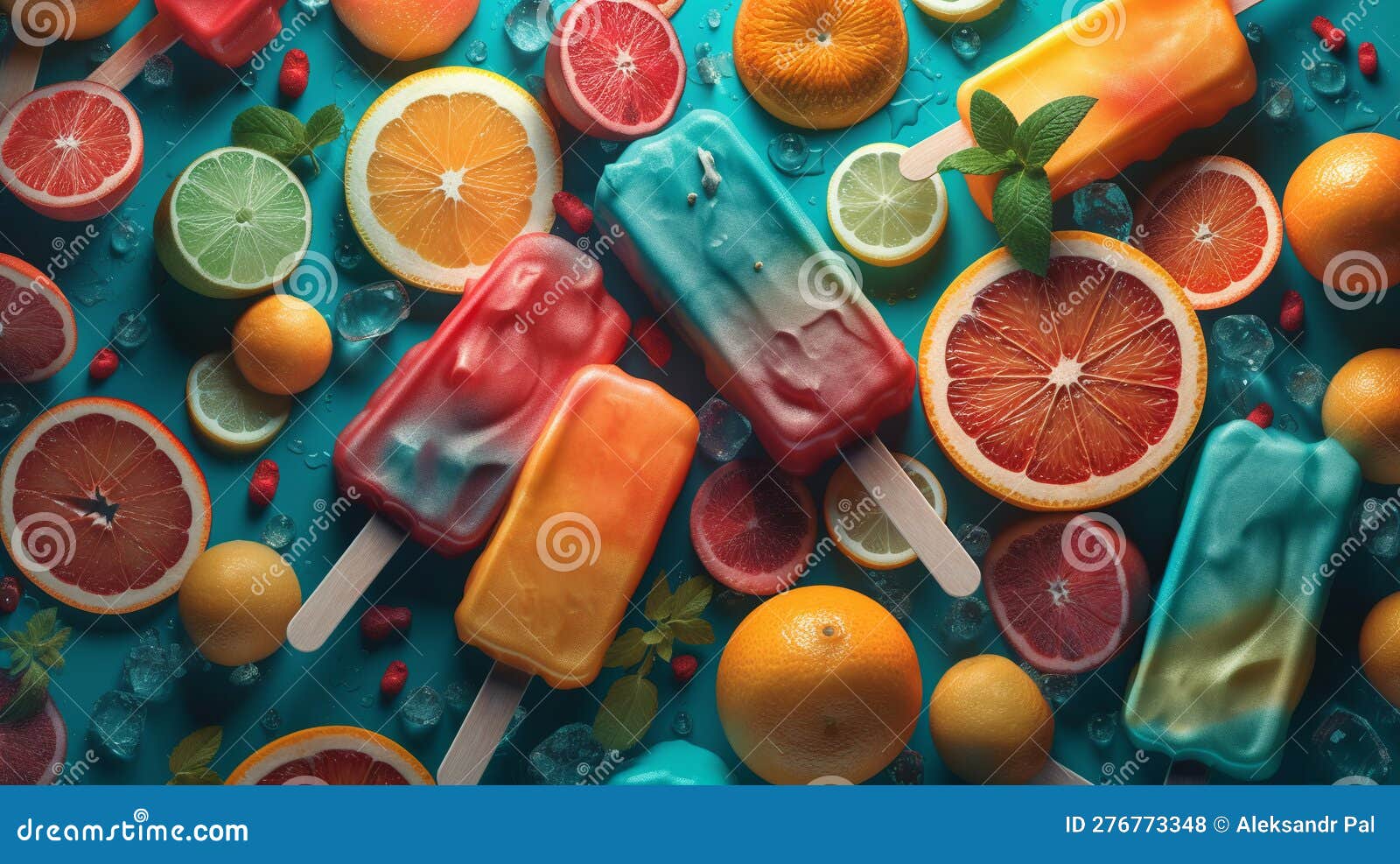 Popsicles on a Stick of Different Colors, Fresh Orange Slices ...
