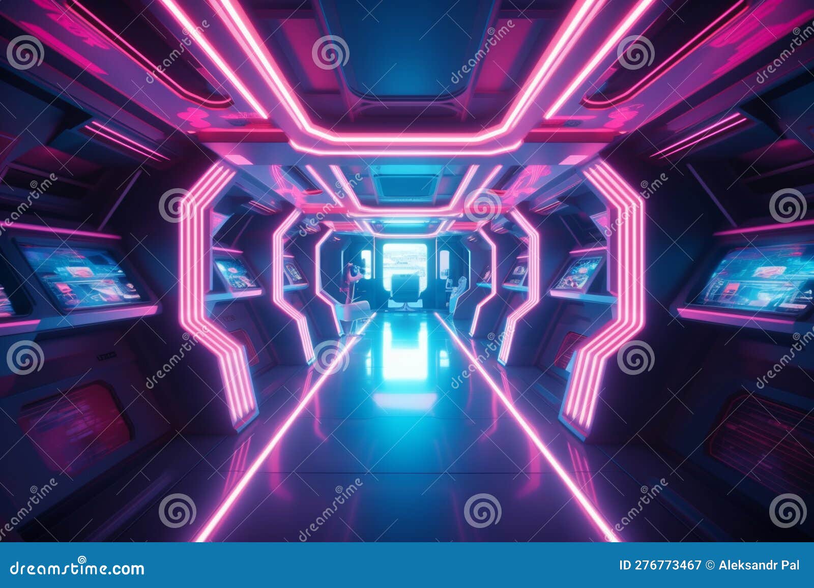 Spaceship Interior with Blue and Pink Neon Lights. Technologies of the ...