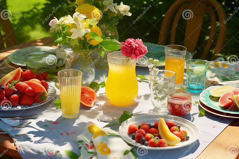 Sunny Summer Brunch Table Setting with Fresh Fruit and Flowers Stock ...