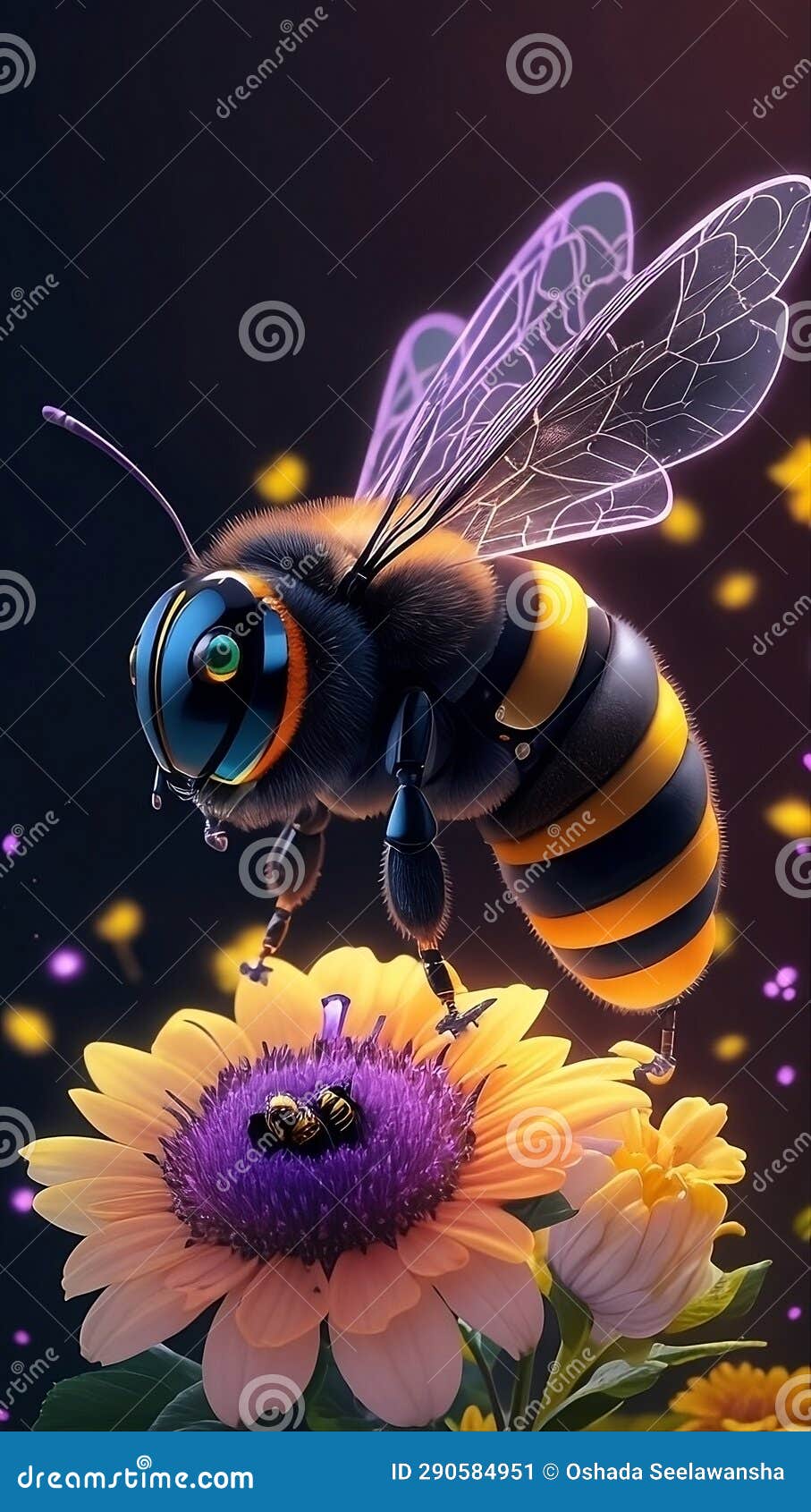 Robotic Bee on Flower Colorful Image Stock Illustration - Illustration ...