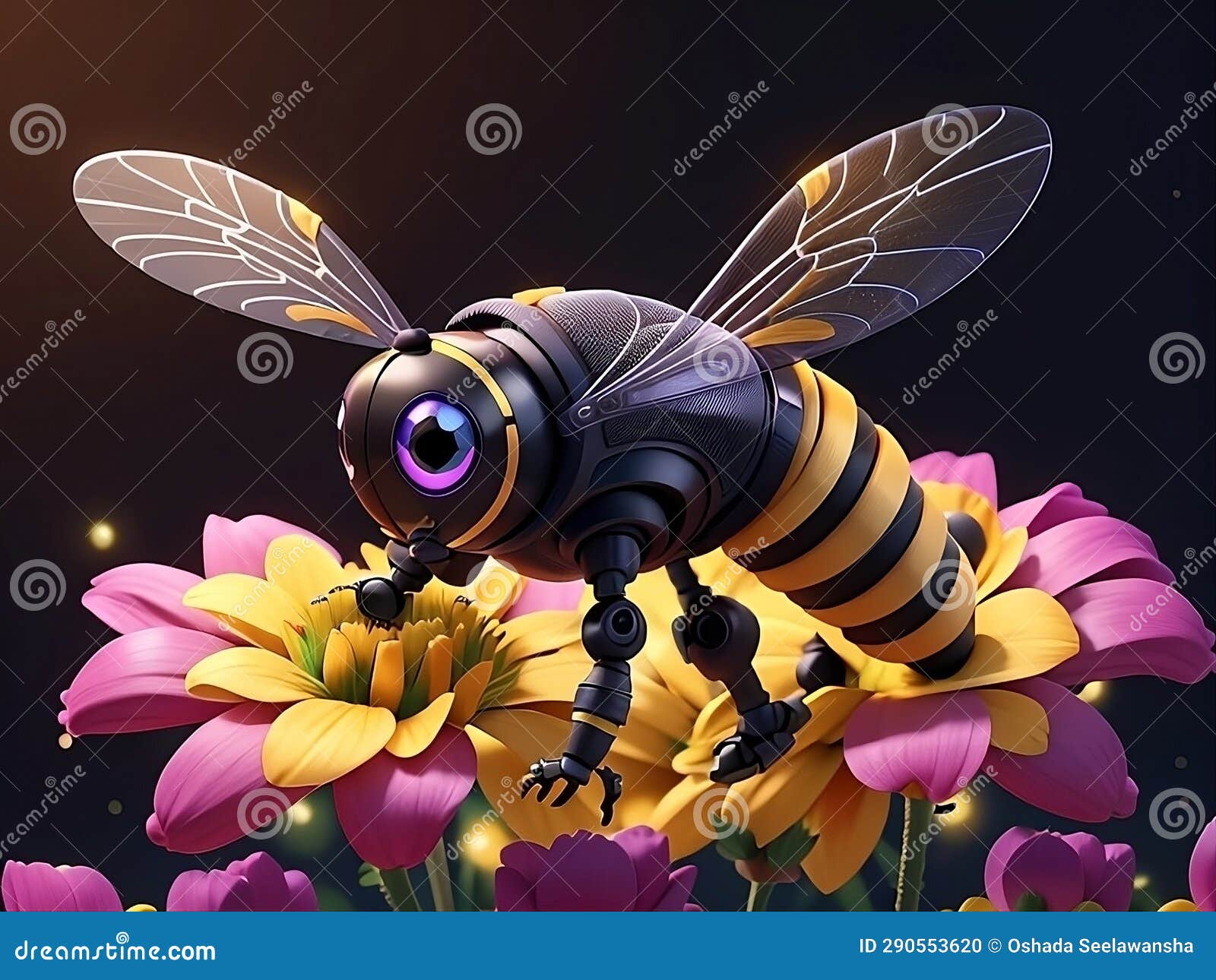 Cute Robotic Bee on Flower Colorful Anime Image Stock Illustration ...