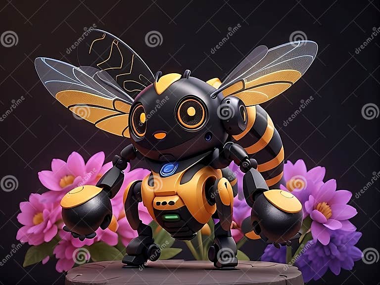 Cute Robotic Bee on Flower Colorful Image Stock Illustration ...