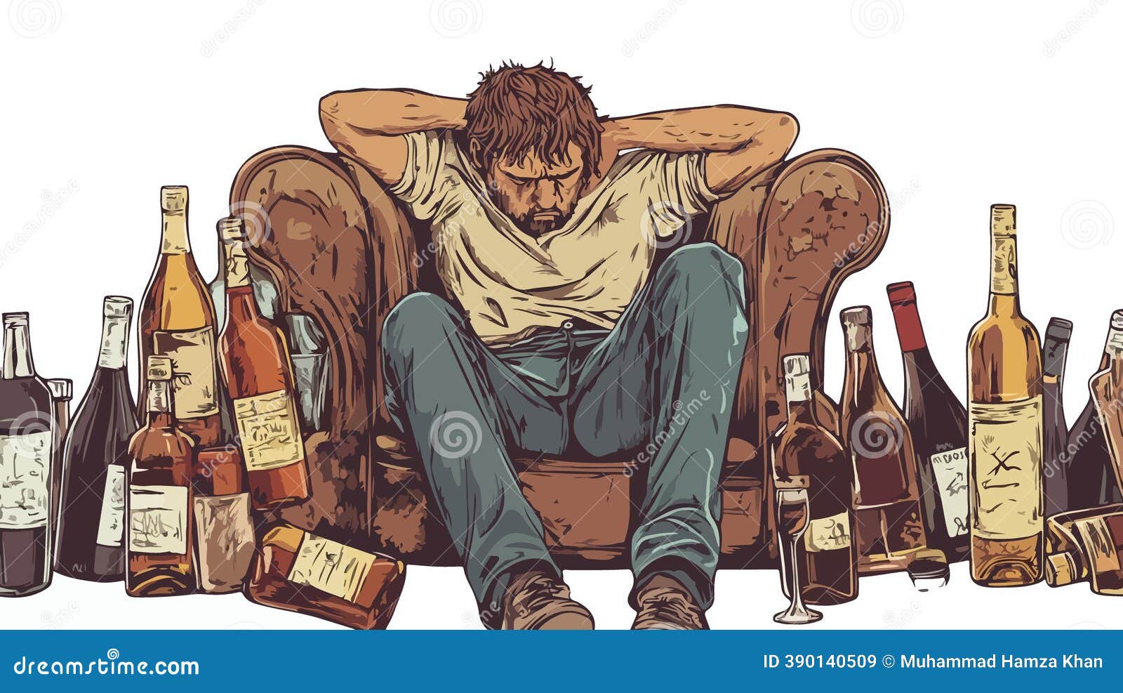 Alcoholism Problems, Addiction Lineart Concept. Addicted Drunk Man With ...