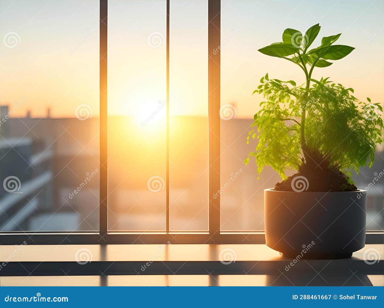 A Plant with Green Leaves is Growing Over the Window and Sunset ...