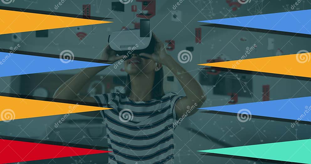 Image of Geometrical Shapes Over Biracial Woman Using Vr Headset Stock ...