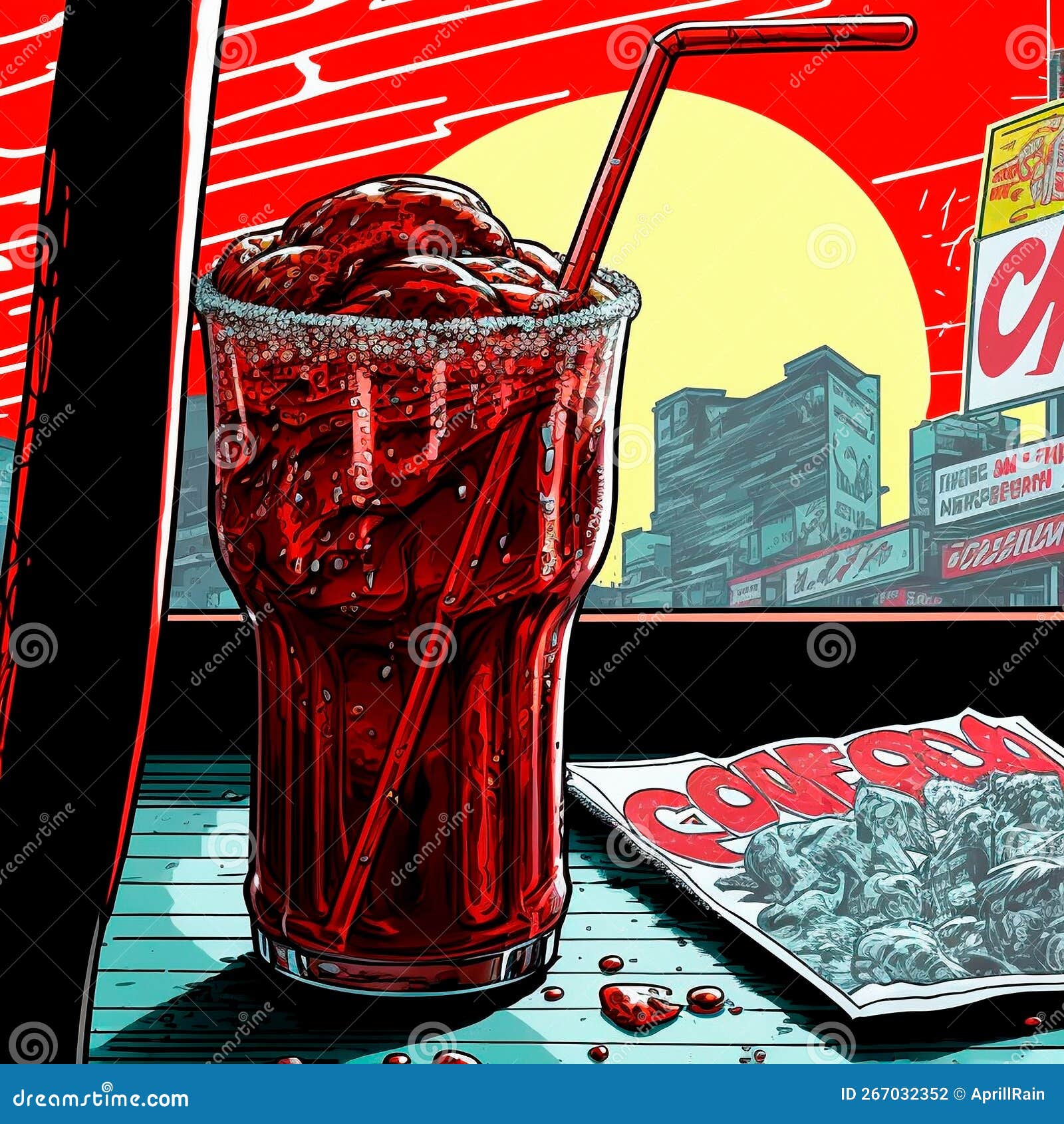 An Image of a Glass of Cola on the Table in an Old Diner. Comic Style ...