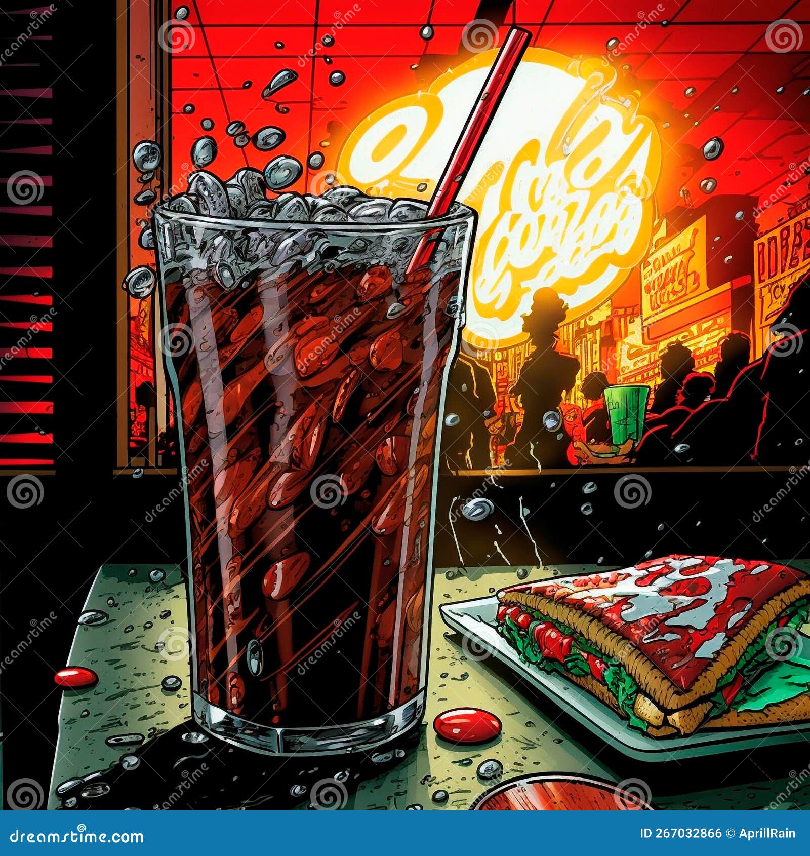 An Image of a Glass of Cola on the Table in an Old Diner. Comic Style ...
