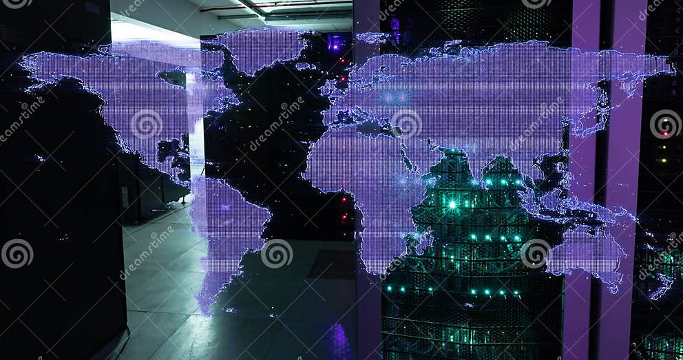 Image of Glitch Effect Over World Map Against Computer Server Room ...