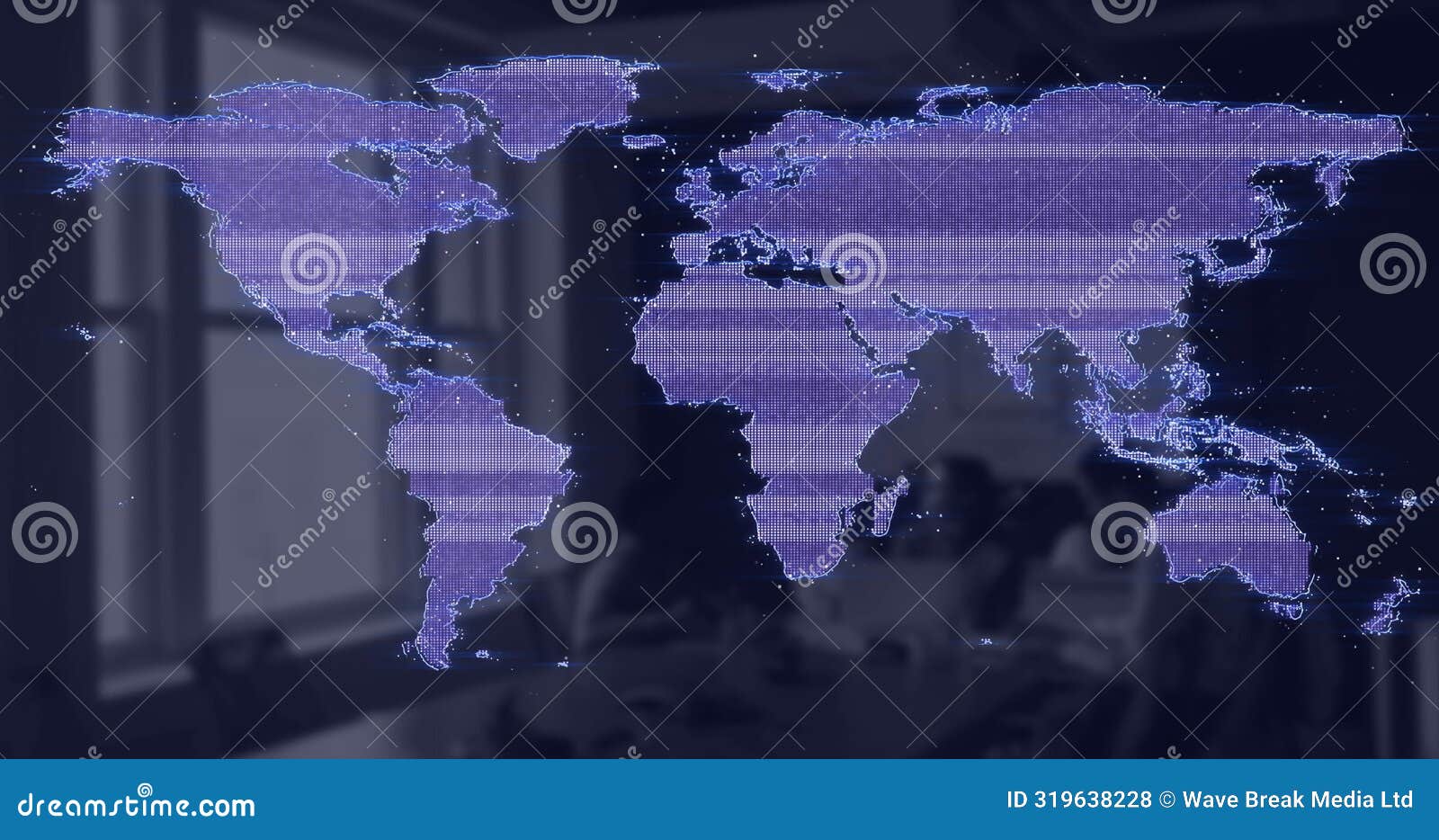 Image of Glitch Effect Over World Map Against Empty Office Stock ...