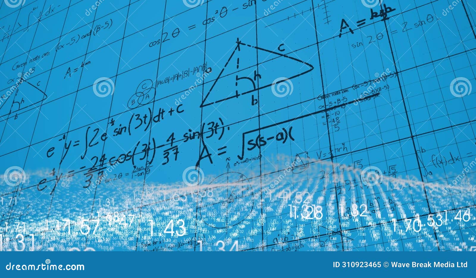 Image of Glitter, Math Formulas and Numbers on Blue Background Stock ...