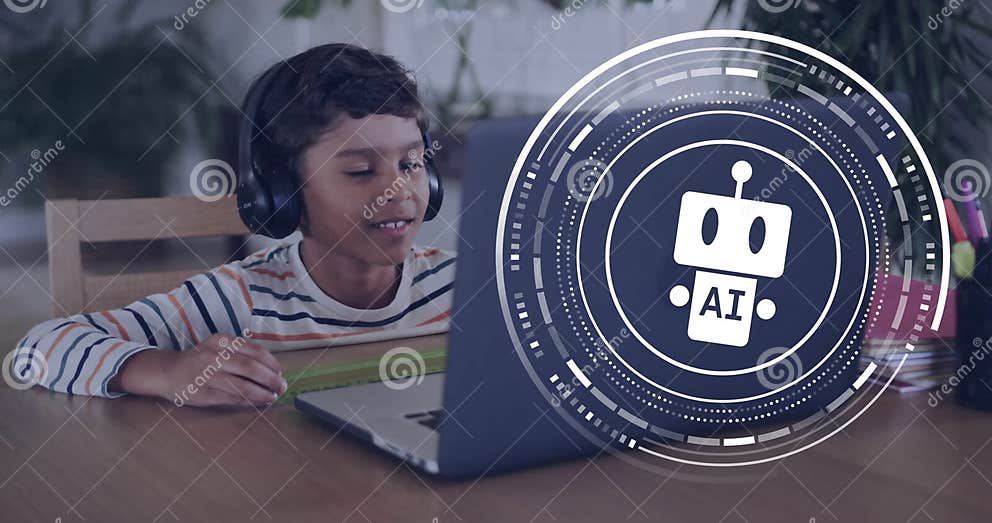 Image of Globe and Ai Chat Bot Data Processing Over Biracial Boy Using ...