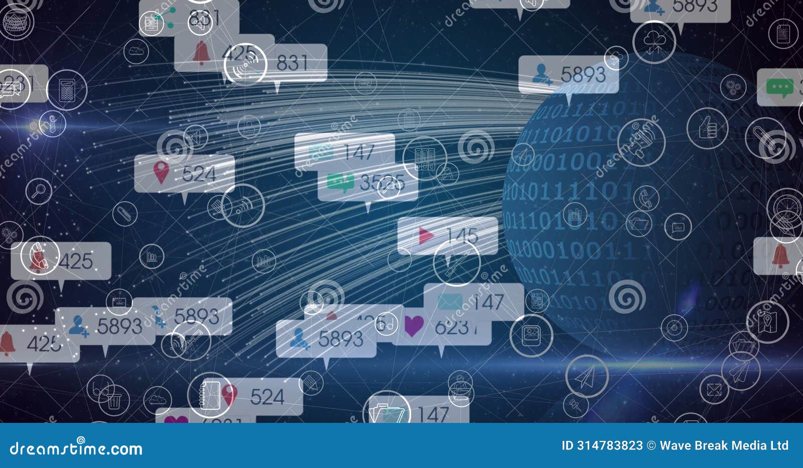 Image of Globe with Binary Coding and Network of Social Media Icons and Numbers Stock ...