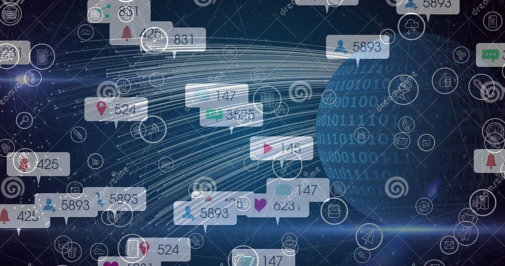 Image of Globe with Binary Coding and Network of Social Media Icons and Numbers Stock ...