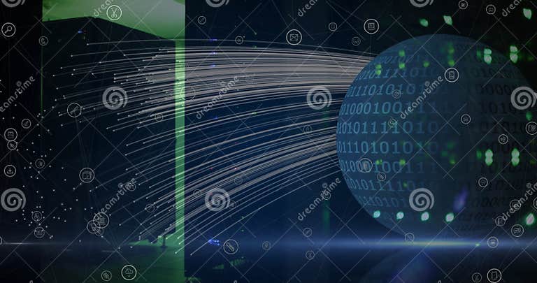 Image of Globe of Binary Coding Transferring Data Streams Over Dark Computer Server Room Stock ...