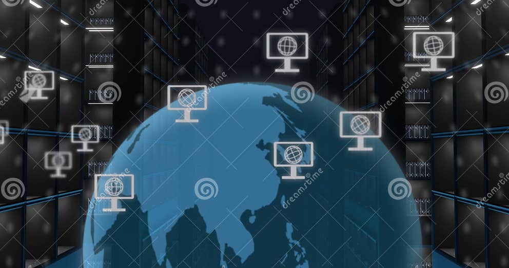 Image of Globe and Computer Icons Over Computer Servers Stock ...