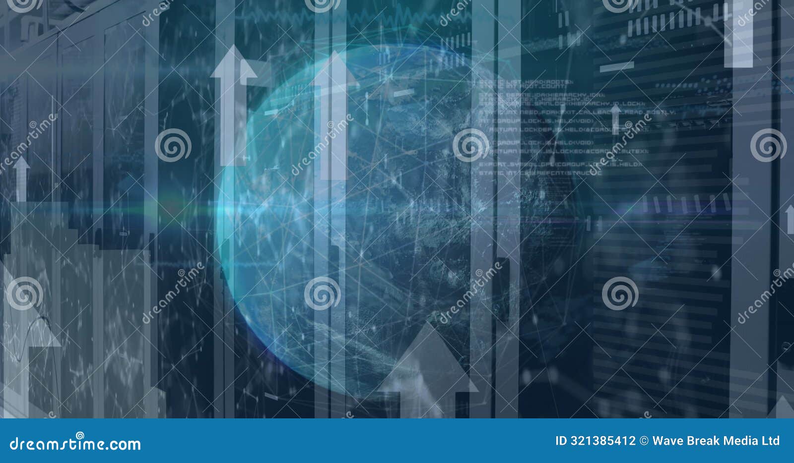 Image of Globe, Connected Dots, Up Arrow, Computer Language, Graphs Over Data Server Racks Stock ...