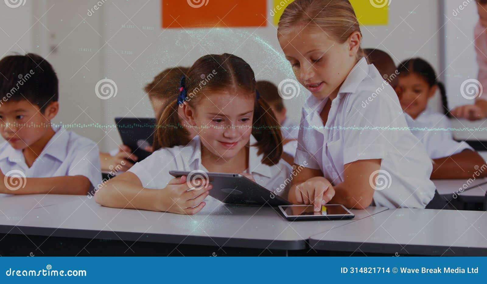 Image of Globe and Graph Over Caucasian Girls Using Tablet and Class of ...