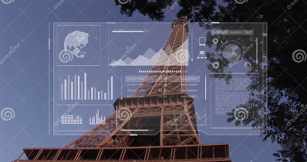 Image of Globe, Graphs, Radar and Data Over Low Angle View of Eiffel ...