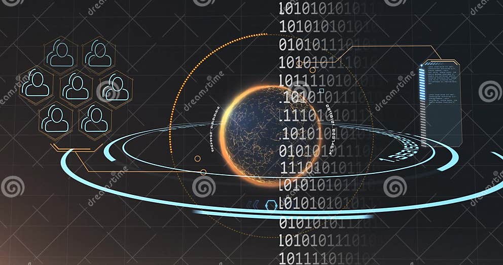 Image of Globe Icons and Binary Coding and Data Processing Over Dark Background Stock ...