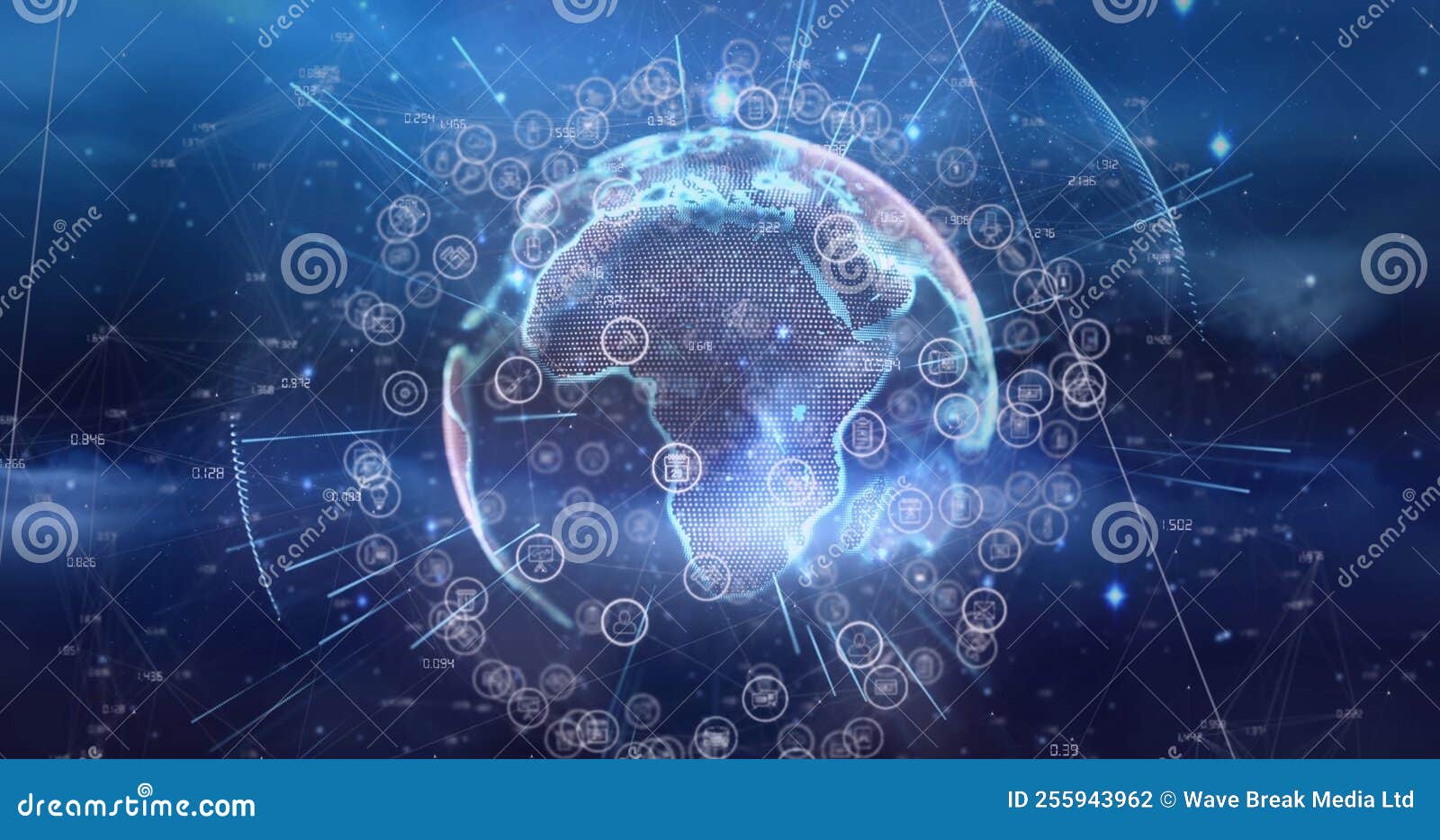 Image of Globe with Network of Connections with Icons Over Blue Globe ...